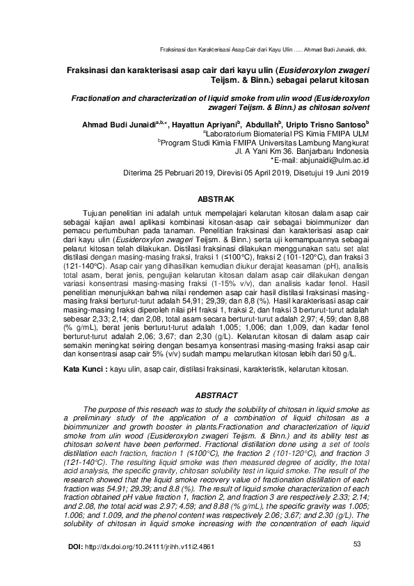 (PDF) Fraksinasi dan karakterisasi asap cair dari kayu ulin ...