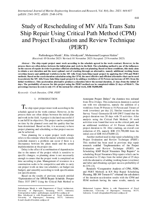 (PDF) Study of Rescheduling of MV Alfa Trans Satu Ship Repair Using ...