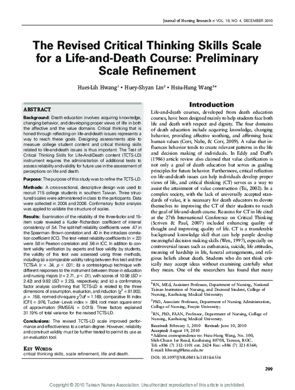 (PDF) The Revised Critical Thinking Skills Scale for a Life-and-Death Course: Preliminary Scale ...