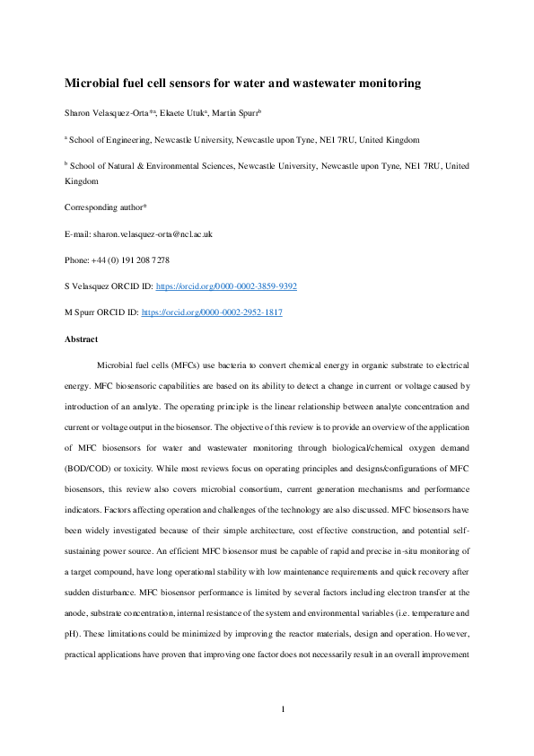 (PDF) Microbial Fuel Cell Sensors for Water and Wastewater Monitoring