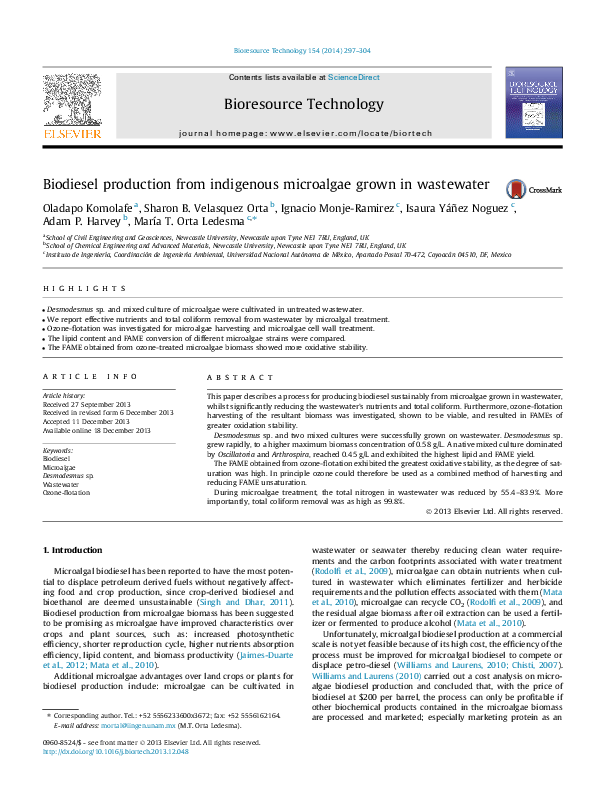 (PDF) Biodiesel production from indigenous microalgae grown in wastewater