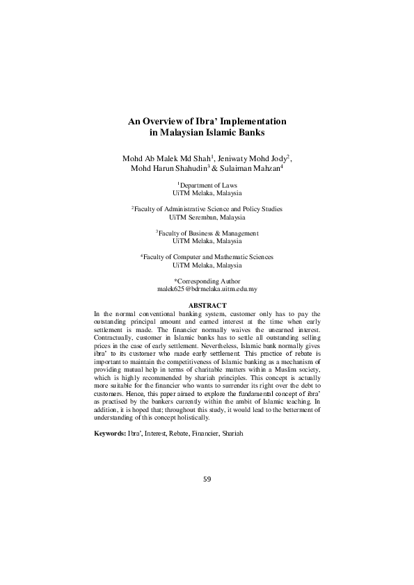 (PDF) An overview of ibra' implementation in Malaysian Islamic Banks / Mohd Ab Malek Md Shah ...