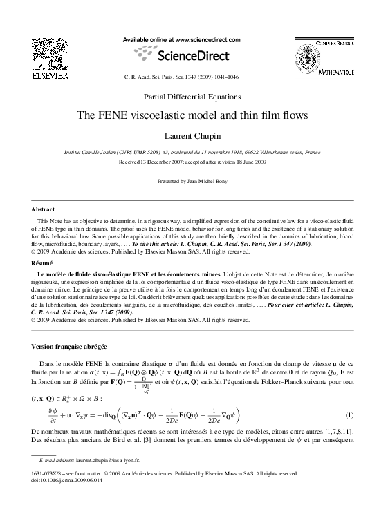 (PDF) The FENE viscoelastic model and thin film flows