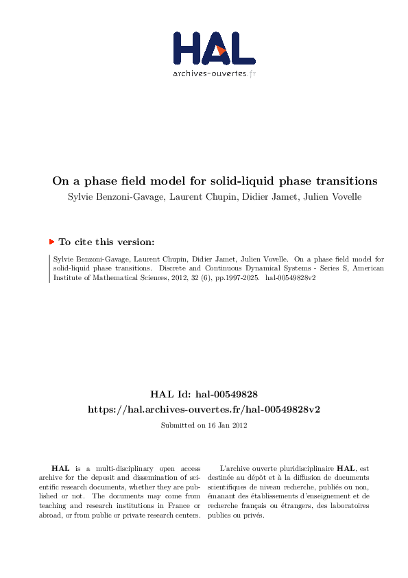 (PDF) On a phase field model for solid-liquid phase transitions