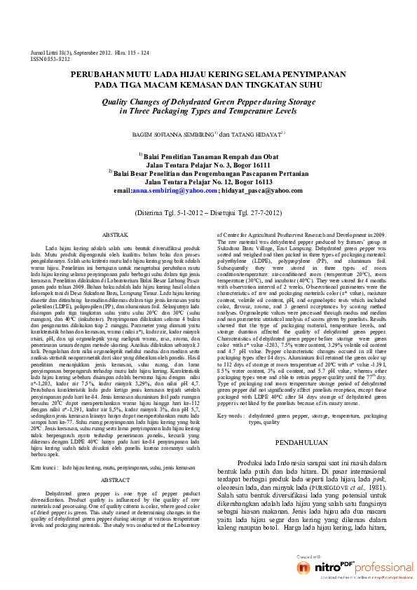 (PDF) Perubahan Mutu Lada Hijau Kering Selama Penyimpanan Pada Tiga Macam Kemasan Dan Tingkatan Suhu