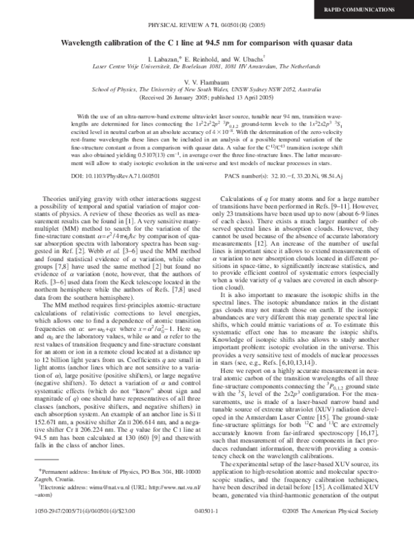 (PDF) Wavelength calibration of the C I line at 94.5 nm for comparison with quasar data