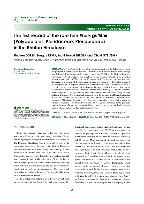 (PDF) The first record of the rare fern Pteris griffithii (Polypodiales ...