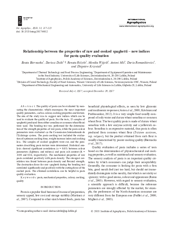 (PDF) Relationship between the properties of raw and cooked spaghetti ...