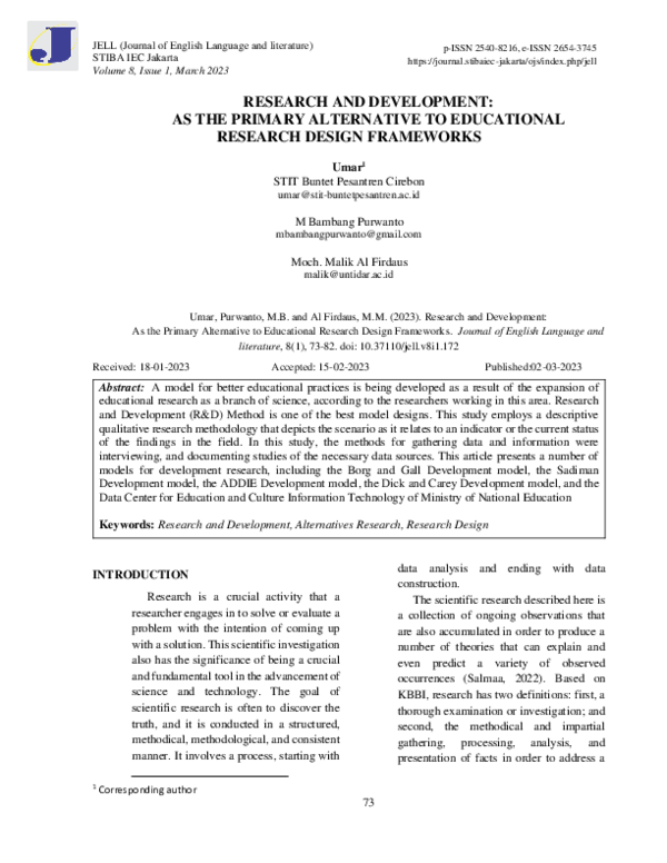 (PDF) Research and Development: As the Primary Alternative to Educational Research Design Frameworks