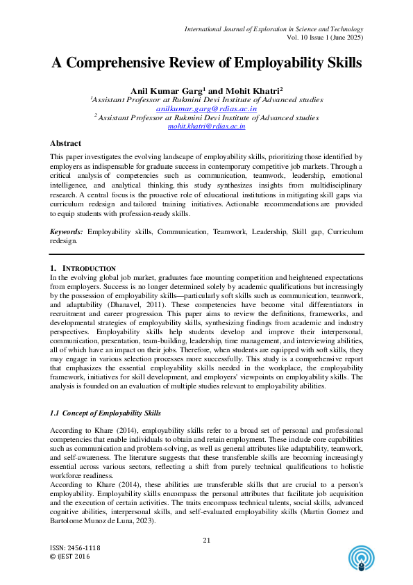 (PDF) A Comprehensive Review of Employability Skills