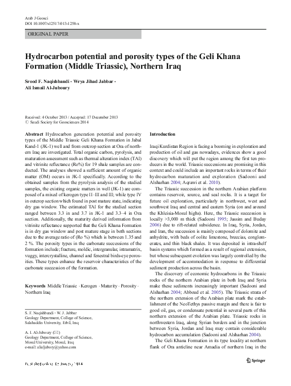 (PDF) Hydrocarbon potential and porosity types of the Geli Khana ...