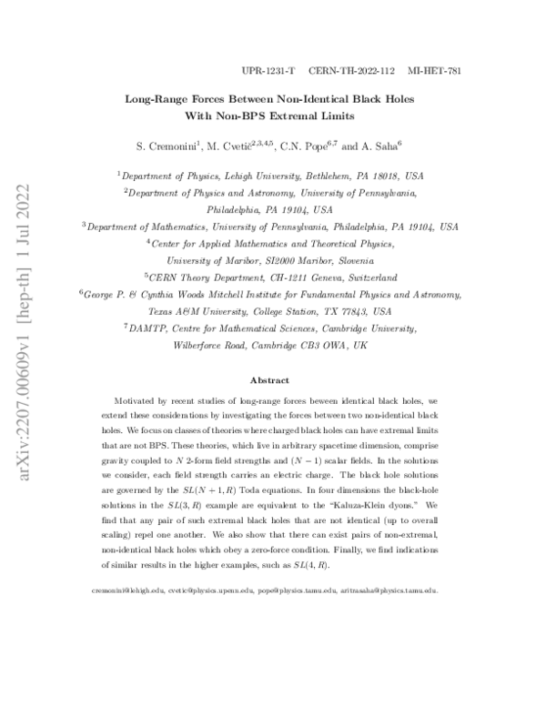 (PDF) Long-Range Forces Between Non-Identical Black Holes With Non-BPS ...