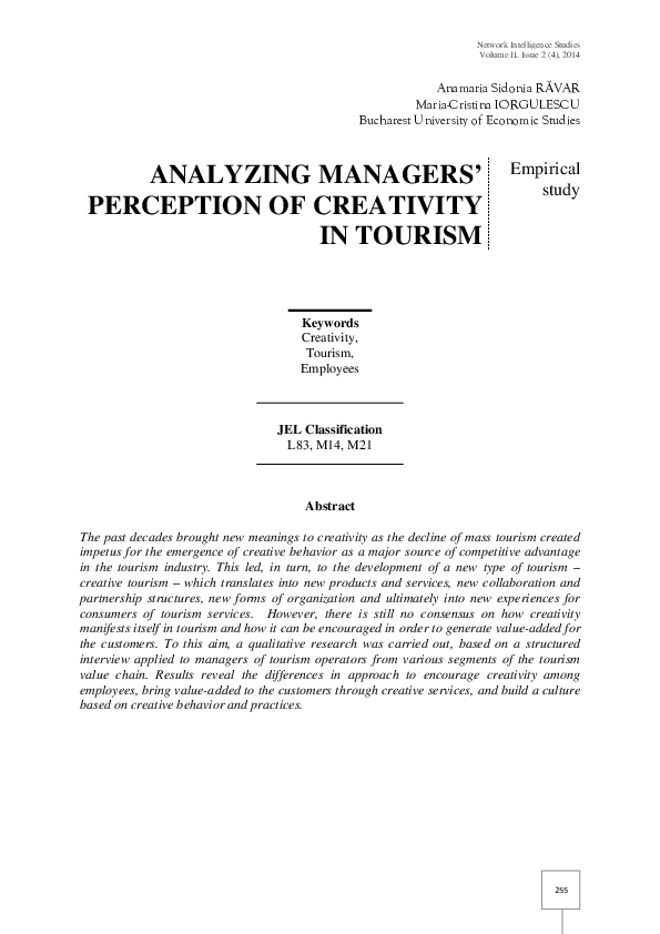 (PDF) Analyzing Managers’ Perception of Creativity in Tourism