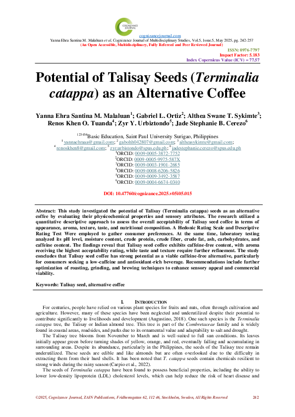 (PDF) Potential of Talisay Seeds (Terminalia catappa) as an Alternative ...