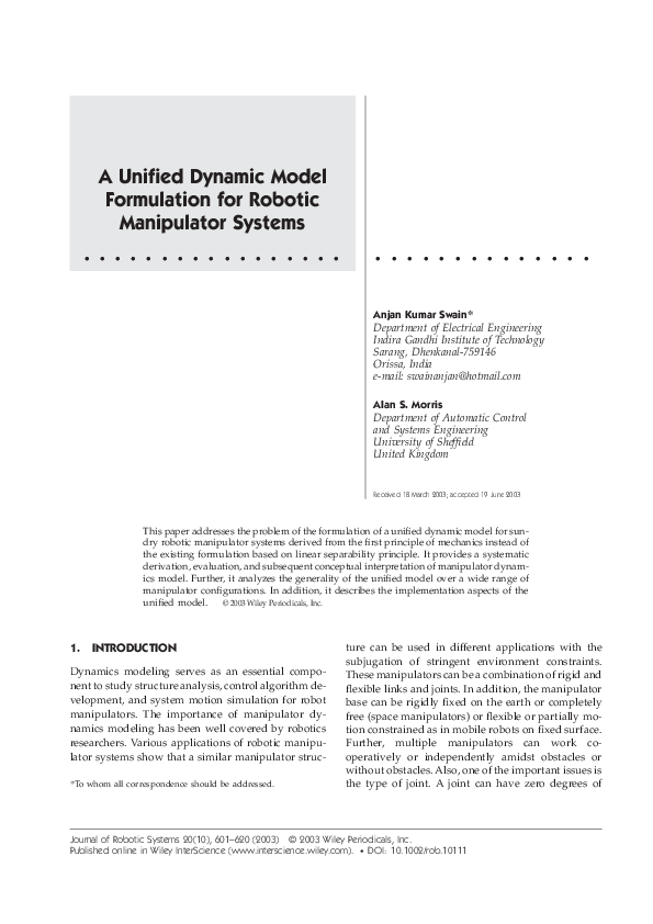 (PDF) A Unified Dynamic Model Formulation for Robotic Manipulator Systems