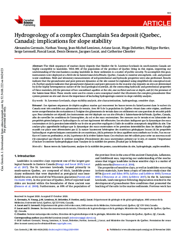 (PDF) Hydrogeology of a complex Champlain Sea deposit (Quebec, Canada): implications for slope ...