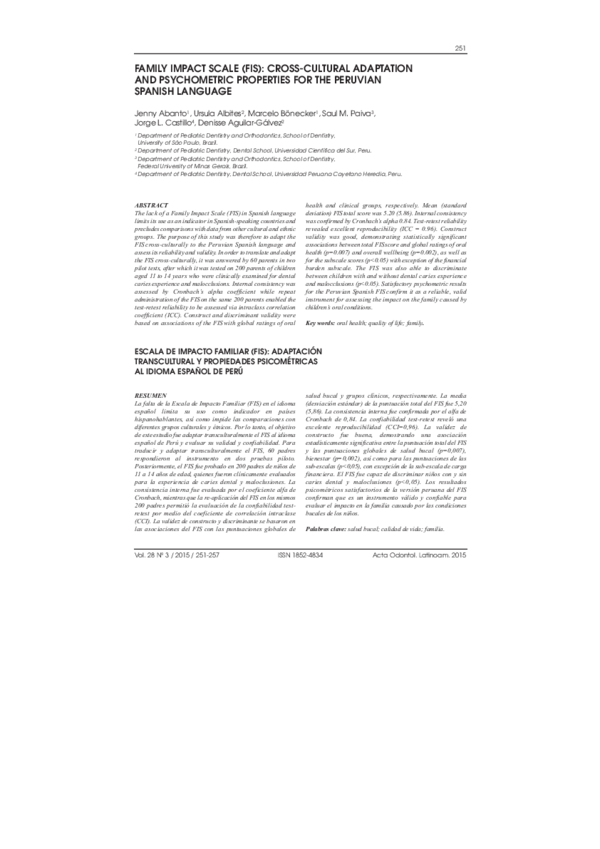(PDF) Family Impact Scale (FIS): Cross-cultural Adaptation and ...