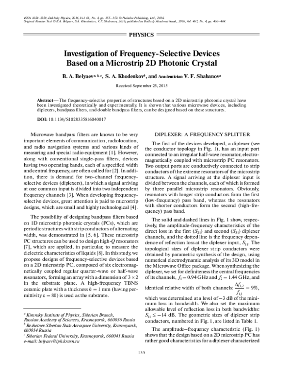 (PDF) Investigation of frequency-selective devices based on a microstrip 2D photonic crystal