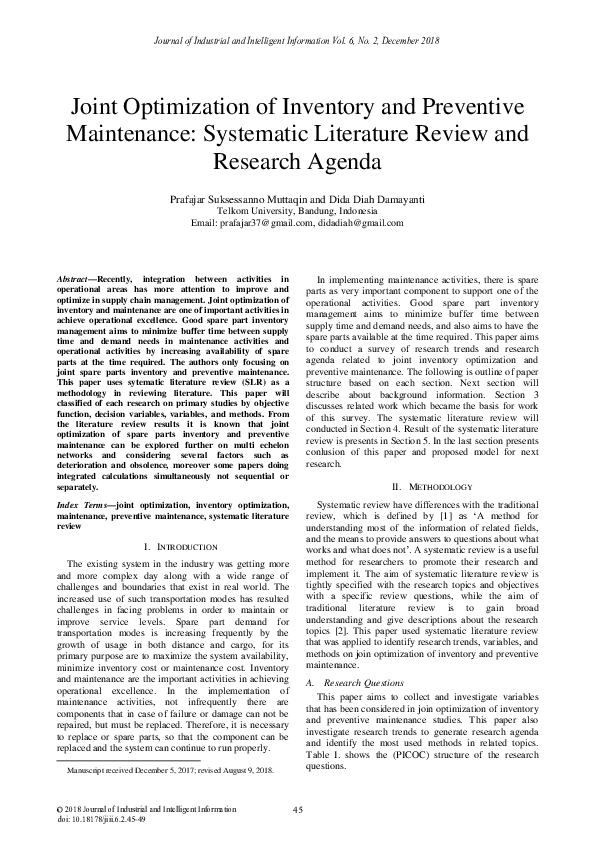 (PDF) Joint Optimization of Inventory and Preventive Maintenance: Systematic Literature Review ...