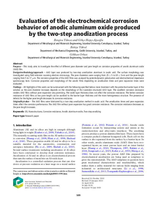 (PDF) Evaluation of the electrochemical corrosion behavior of anodic aluminum oxide produced by ...