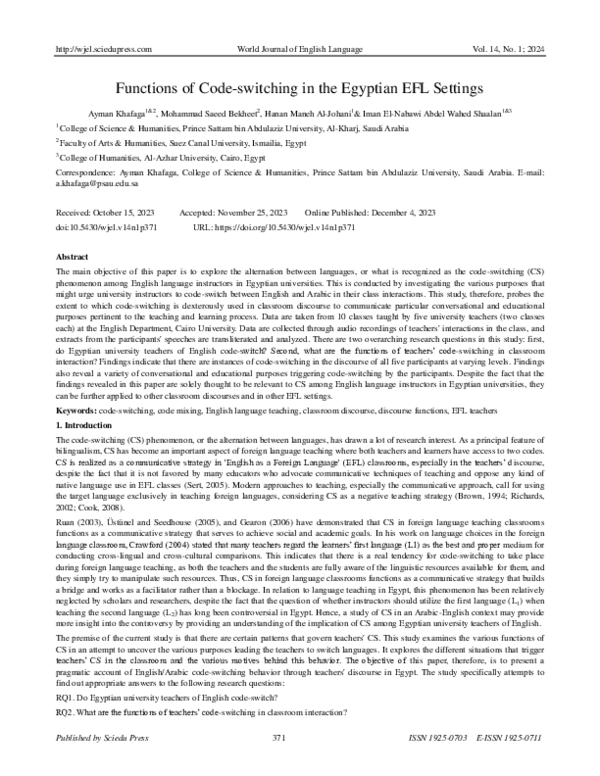 (PDF) Functions of Code-switching in the Egyptian EFL Settings
