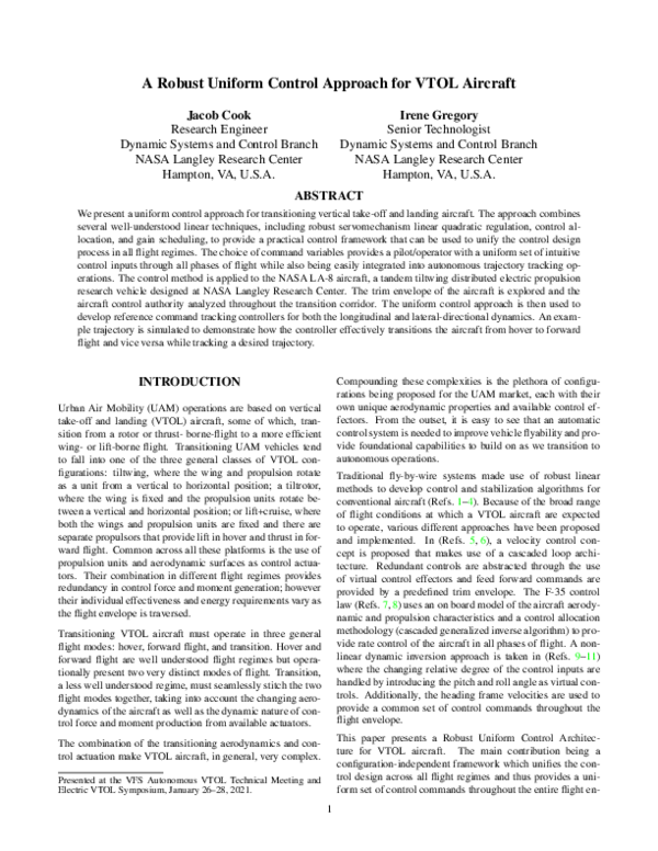 (PDF) A Robust Uniform Control Approach for VTOL Aircraft
