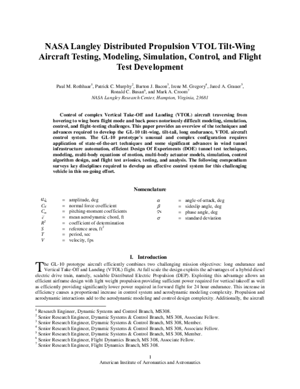(PDF) NASA Langley Distributed Propulsion VTOL TiltWing Aircraft ...