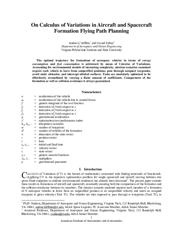 (PDF) On Calculus of Variations in Aircraft and Spacecraft Formation ...
