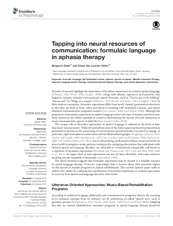 (PDF) Tapping into neural resources of communication: formulaic ...