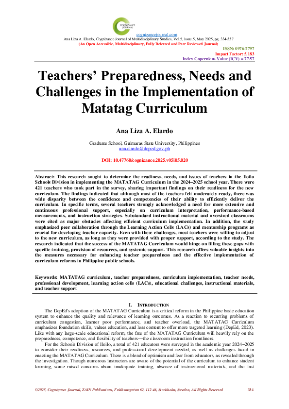 (PDF) Teachers’ Preparedness, Needs and Challenges in the Implementation of Matatag Curriculum