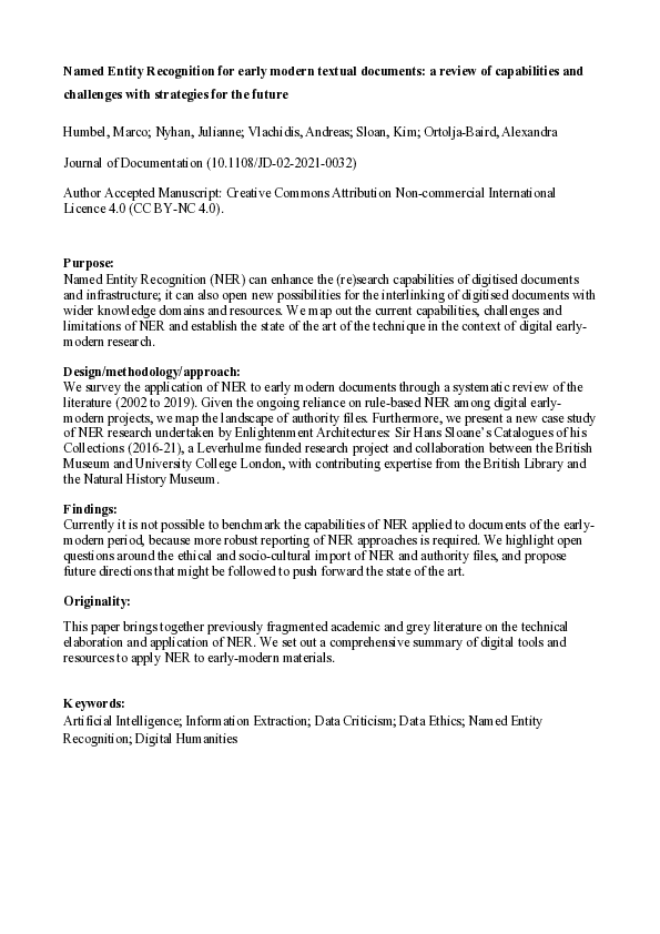 (PDF) Named-entity recognition for early modern textual documents: a review of capabilities and ...