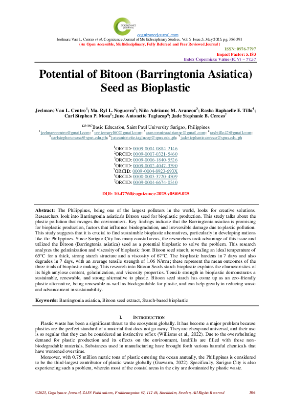 (PDF) Potential of Bitoon (Barringtonia Asiatica) Seed as Bioplastic