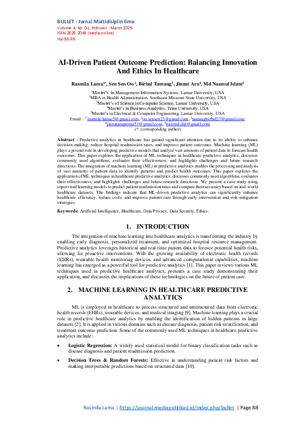 (PDF) AI-Driven Patient Outcome Prediction: Balancing Innovation And ...