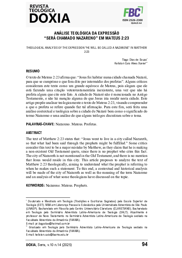 (PDF) ANÁLISE TEOLÓGICA DA EXPRESSÃO "SERÁ CHAMADO NAZARENO" EM MATEUS ...