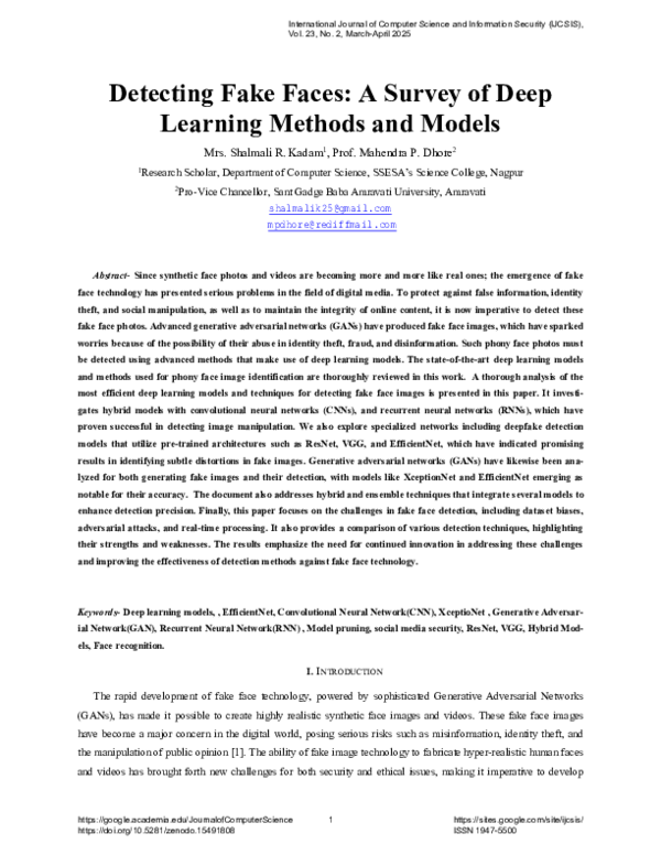 (PDF) Detecting Fake Faces: A Survey of Deep Learning Methods and Models
