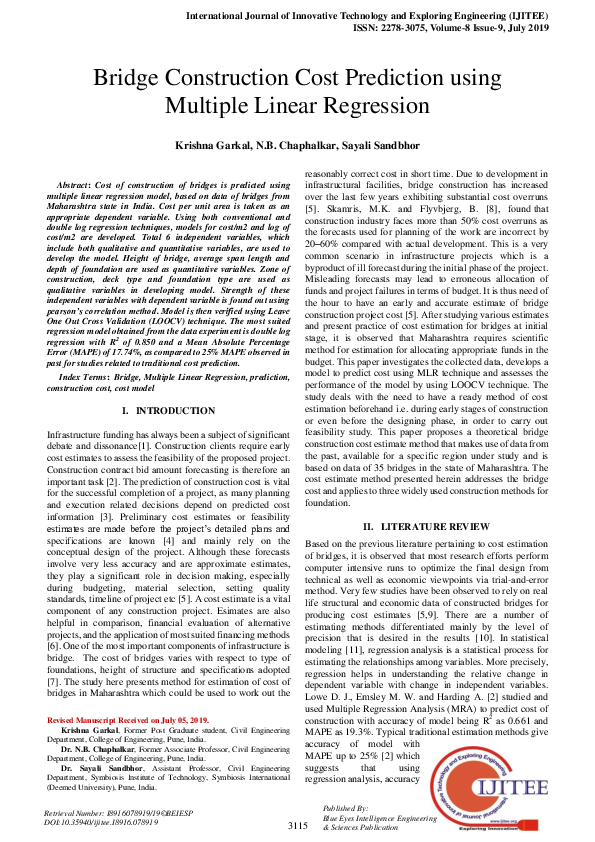 (PDF) Bridge Construction Cost Prediction using Multiple Linear Regression