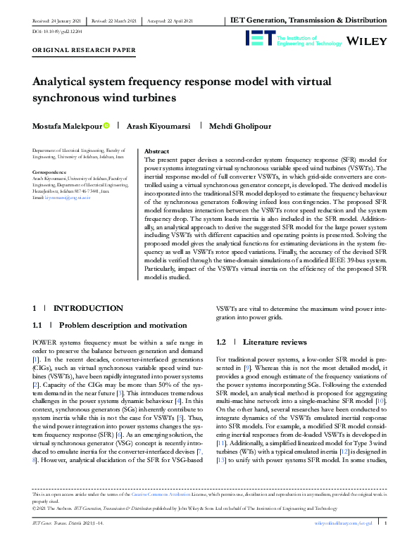 (PDF) Analytical system frequency response model with virtual synchronous wind turbines