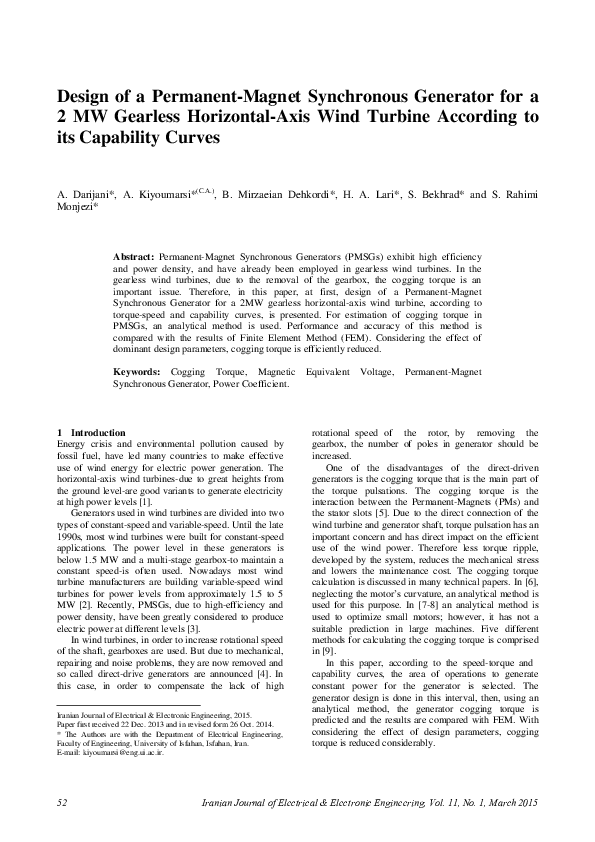 (PDF) Design of a Permanent-Magnet Synchronous Generator for a 2 MW Gearless Horizontal-Axis ...