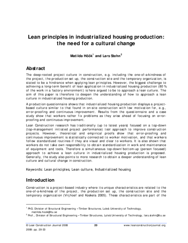 (PDF) Lean principles in industrialized housing production: the need ...