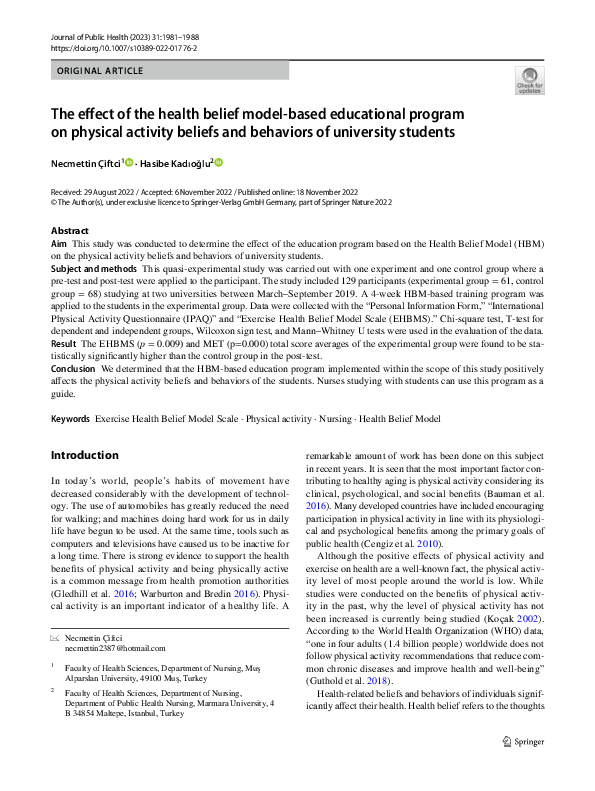 (PDF) The effect of the health belief model-based educational program on physical activity ...