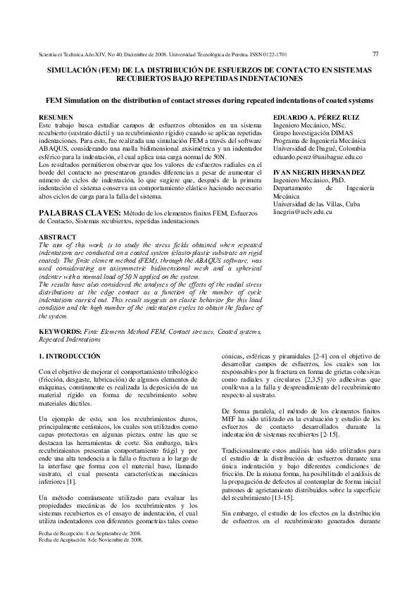 (PDF) SIMULACIÓN (FEM) DE LA DISTRIBUCIÓN DE ESFUERZOS DE CONTACTO EN ...