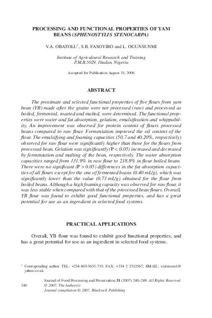 (PDF) Processing and Functional Properties of Yam Beans (Sphenostylis Stenocarpa)