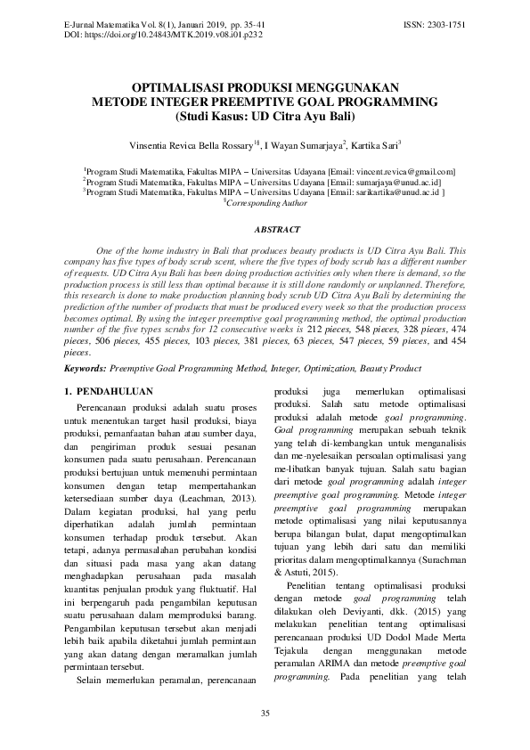 (PDF) OPTIMALISASI PRODUKSI MENGGUNAKAN METODE INTEGER PREEMPTIVE GOAL ...