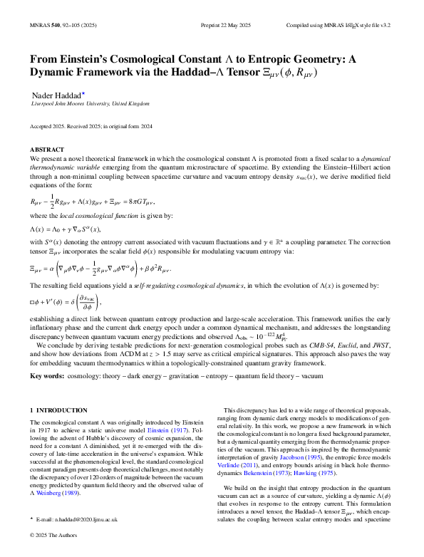 (PDF) From Einstein's Cosmological Constant Λ to Entropic Geometry: A Dynamic Framework via the ...