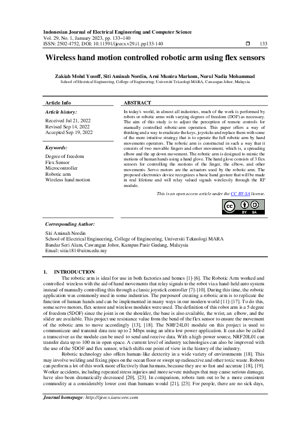 (PDF) Wireless hand motion controlled robotic arm using flex sensors