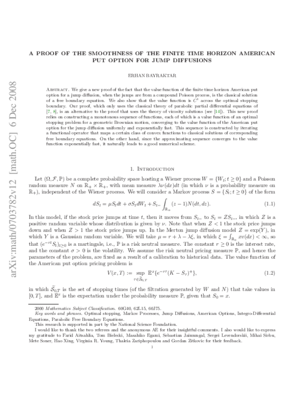 (PDF) A Proof of the Smoothness of the Finite Time Horizon American Put Option for Jump Diffusions