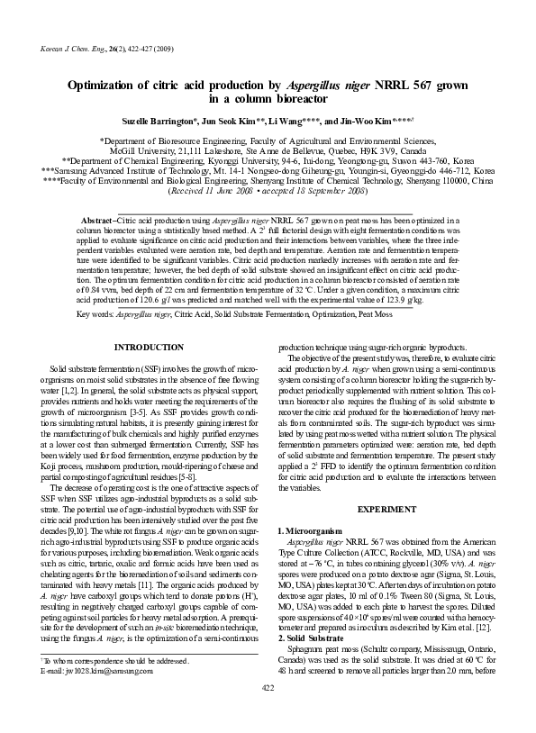 (PDF) Optimization of citric acid production by Aspergillus niger NRRL 567 grown in a column ...