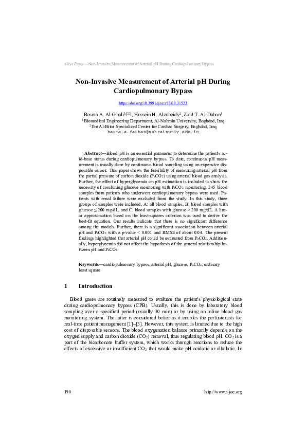 (PDF) Non-Invasive Measurement of Arterial pH During Cardiopulmonary Bypass