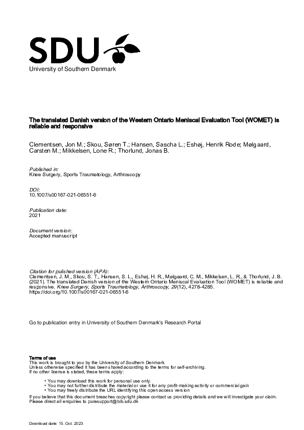 (PDF) The translated Danish version of the Western Ontario Meniscal ...