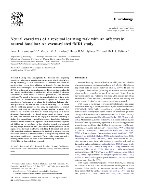 (PDF) Neural correlates of a reversal learning task with an affectively ...